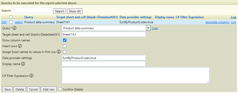 Product data summary query – FBO One