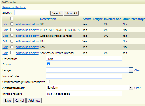 VAT codes (Administration) – FBO One Helpdesk